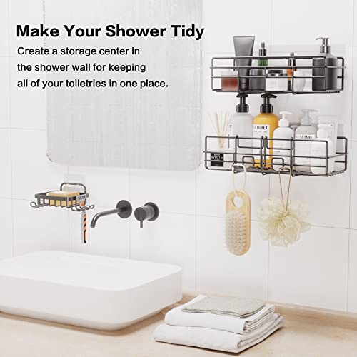 Goabroa No Drilling Shower Caddy Basket Shelf, 3 Pack Self Adhesive Shower Shelves with Soap Holder and Hooks, Multifunctional Wall Storage Organizer for Bathroom