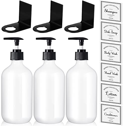 3 Sets 17 oz Empty Shampoo Bottles with Pumps with 3 Pieces Shower Gel Bottle Rack Hook Brackets and 6 Pieces Waterproof Soap Label Sticker for Shower Kitchen Bathroom Toilet Wall Decoration (White)