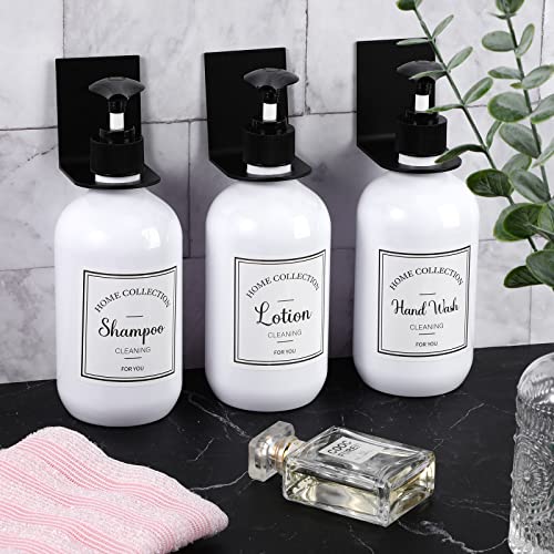 3 Sets 17 oz Empty Shampoo Bottles with Pumps with 3 Pieces Shower Gel Bottle Rack Hook Brackets and 6 Pieces Waterproof Soap Label Sticker for Shower Kitchen Bathroom Toilet Wall Decoration (White)