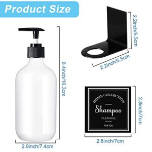 3 Sets 17 oz Empty Shampoo Bottles with Pumps with 3 Pieces Shower Gel Bottle Rack Hook Brackets and 6 Pieces Waterproof Soap Label Sticker for Shower Kitchen Bathroom Toilet Wall Decoration (White)