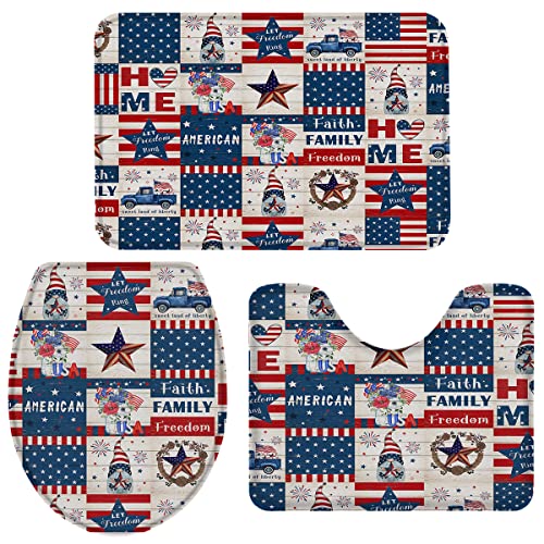 Independence Day 3 Piece Bath Rugs Sets American Flag Patriotic Star 4th of July American Holiday Bathroom Mats Blue Red White Stripes Gnome Non Slip Absorbent U-Shaped Contour Toilet Lid Cover