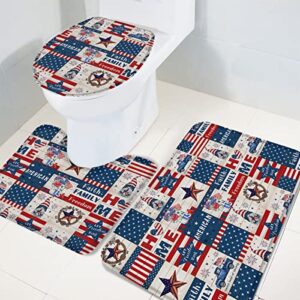 Independence Day 3 Piece Bath Rugs Sets American Flag Patriotic Star 4th of July American Holiday Bathroom Mats Blue Red White Stripes Gnome Non Slip Absorbent U-Shaped Contour Toilet Lid Cover