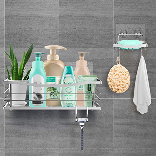 ODesign Adhesive Shower Caddy Shelf With Soap Dish Holder for Shampoo Conditioner Sponge Razor Kitchen Bathroom Basket Organizer Wall Mounted Stainless Steel Removable 2 Hooks