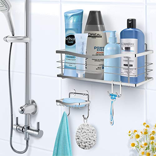 ODesign Adhesive Shower Caddy Shelf With Soap Dish Holder for Shampoo Conditioner Sponge Razor Kitchen Bathroom Basket Organizer Wall Mounted Stainless Steel Removable 2 Hooks