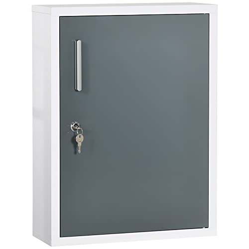 kleankin Bathroom Medicine Cabinet with Shelves Inside & On Door, Locking Medical Cabinet for Child & Pet Safety, First Aid Bathroom Wall Cabinet, White and Grey