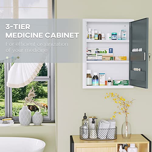 kleankin Bathroom Medicine Cabinet with Shelves Inside & On Door, Locking Medical Cabinet for Child & Pet Safety, First Aid Bathroom Wall Cabinet, White and Grey