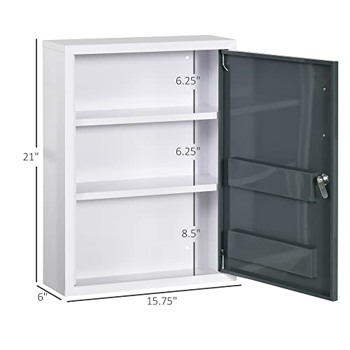 kleankin Bathroom Medicine Cabinet with Shelves Inside & On Door, Locking Medical Cabinet for Child & Pet Safety, First Aid Bathroom Wall Cabinet, White and Grey