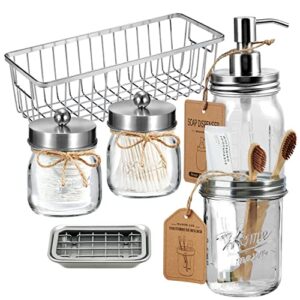 mason jar bathroom accessories set- 6pcs - lotion soap dispenser,toothbrush holder,2 apothecary jars(qtip holder), soap dish,storage organizer basket - rustic farmhouse decor (brushed nickel)