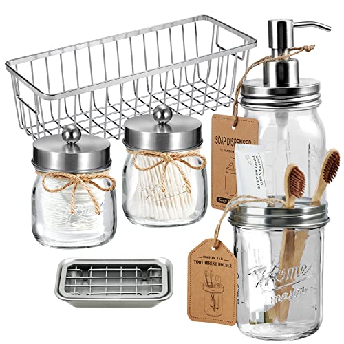 Mason Jar Bathroom Accessories Set- 6PCS - Lotion Soap Dispenser,Toothbrush Holder,2 Apothecary Jars(Qtip Holder), Soap Dish,Storage Organizer Basket - Rustic Farmhouse Decor (Brushed Nickel)