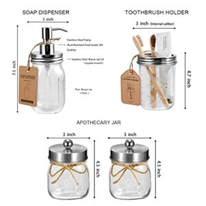 Mason Jar Bathroom Accessories Set- 6PCS - Lotion Soap Dispenser,Toothbrush Holder,2 Apothecary Jars(Qtip Holder), Soap Dish,Storage Organizer Basket - Rustic Farmhouse Decor (Brushed Nickel)