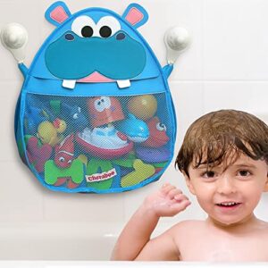 cheraboo bath toy storage hurley hippo kids, toddlers, baby bath organizer | tub, bathtub, bathroom toy holder | quick dry net, two suction cups | shower caddy mesh basket (blue)