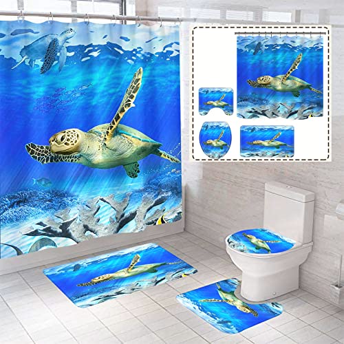 Jauiegu Shower Curtain Set, Sea Creatures Bathroom Accessories, 4 Piece Bathroom Decor Sets with Rugs and Waterproof Shower Curtains, 12 Hooks, Abstract