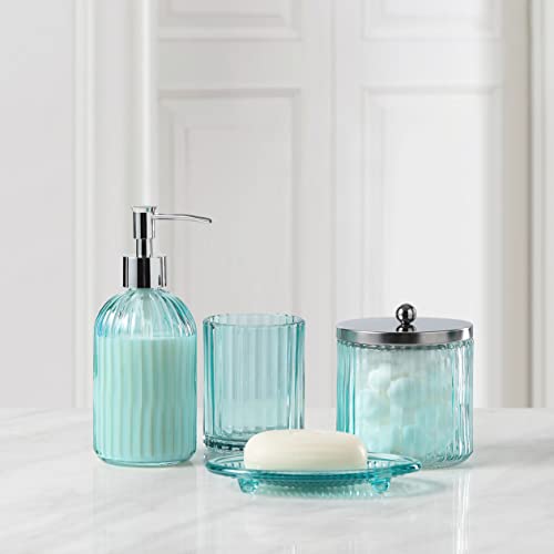 4PCs Heavy Weight Decent Glass Bathroom Accessories Set with Decorative Pressed Pattern - Includes Hand Soap Dispenser & Tumbler & Soap Dish & Toothbrush Holder (Blue)