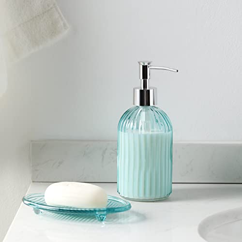 4PCs Heavy Weight Decent Glass Bathroom Accessories Set with Decorative Pressed Pattern - Includes Hand Soap Dispenser & Tumbler & Soap Dish & Toothbrush Holder (Blue)