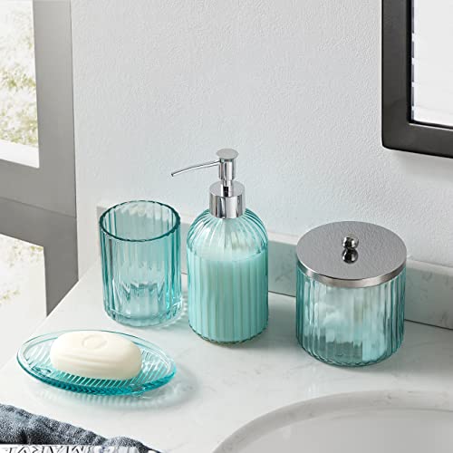 4PCs Heavy Weight Decent Glass Bathroom Accessories Set with Decorative Pressed Pattern - Includes Hand Soap Dispenser & Tumbler & Soap Dish & Toothbrush Holder (Blue)