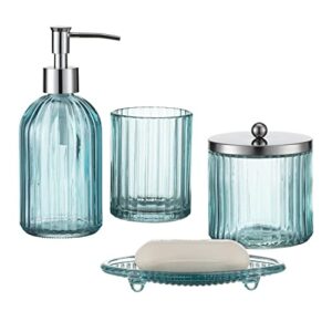 4PCs Heavy Weight Decent Glass Bathroom Accessories Set with Decorative Pressed Pattern - Includes Hand Soap Dispenser & Tumbler & Soap Dish & Toothbrush Holder (Blue)