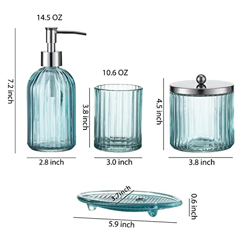 4PCs Heavy Weight Decent Glass Bathroom Accessories Set with Decorative Pressed Pattern - Includes Hand Soap Dispenser & Tumbler & Soap Dish & Toothbrush Holder (Blue)