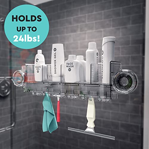 Clear Big Bin Shower Caddy With 8 Removable Hooks (GLASS ONLY) | Holds Up To 24 Pounds Of Shower Accessories With Durable Suction Cups | home & foundry Shower Organizer