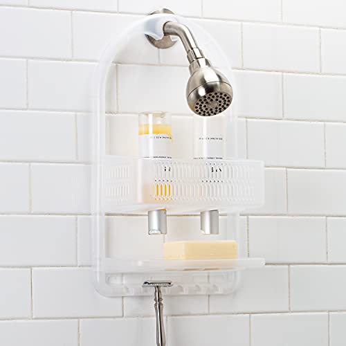 Bath Bliss Molded Shower Caddy | Bathroom Storage | Hangs Over Shower Head | 6 Accessory Hooks | Holds Razors | Washcloths | Accessories | Suction Cup Stability | White