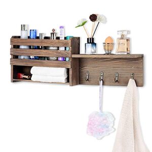 lovewud rustic wood show caddy with 4 hook, bathroom shower shelf storage rack, wall mount bathroom organizer for toilet, dorm, kitchen