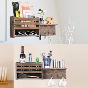 Lovewud Rustic Wood Show Caddy with 4 Hook, Bathroom Shower Shelf Storage Rack, Wall Mount Bathroom Organizer for Toilet, Dorm, kitchen