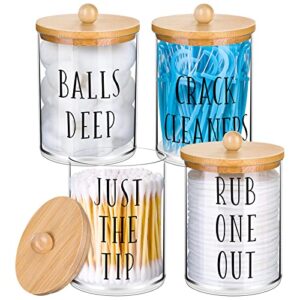 4 pack qtip holder apothecary jars with lids,10 oz clear bathroom organizer storage for cotton ball, cotton swab, cotton round pads and floss, cotton ball holder bathroom decor bathroom containers