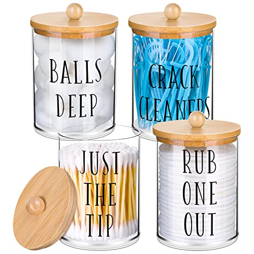 4 Pack Qtip Holder Apothecary Jars with Lids,10 oz Clear Bathroom Organizer Storage for Cotton Ball, Cotton Swab, Cotton Round Pads and Floss, Cotton Ball Holder Bathroom Decor Bathroom Containers