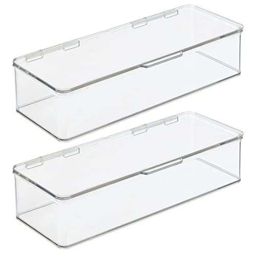 mDesign Long Plastic Bathroom Stackable Storage Organizer Box, Hinged Lid for Closet, Shelf, Cupboard, or Vanity, Hold Medicine, Soap, Lotion, Cotton Swabs, Masks, or Hair Styling Tools, 2 Pack, Clear