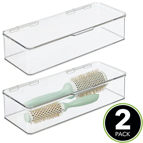 mDesign Long Plastic Bathroom Stackable Storage Organizer Box, Hinged Lid for Closet, Shelf, Cupboard, or Vanity, Hold Medicine, Soap, Lotion, Cotton Swabs, Masks, or Hair Styling Tools, 2 Pack, Clear