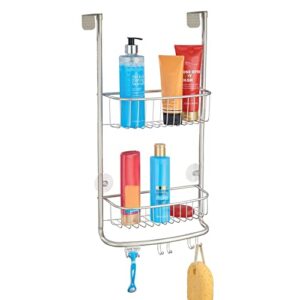 mdesign stainless steel bath/shower over door caddy, hanging storage organizer 2-tier rack with 6 hooks and 2 baskets - holder for soap, shampoo, loofah, body wash, omni collection, satin