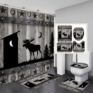 camille&andrew 4pcs/set rustic deer shower curtain, black outhouse pine tree moon western texas star horseshoe wildlife hunting cabin grey barn door farmhouse bathroom decor, non-slip bath rugs, moose