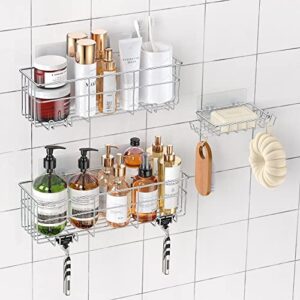 smartake shower caddy bathroom organizer with soap holder and 6 hooks, adhesive shower deep basket shelf big capacity, rustproof 304 stainless steel shower rack storage shampoo for bathroom 3 pack