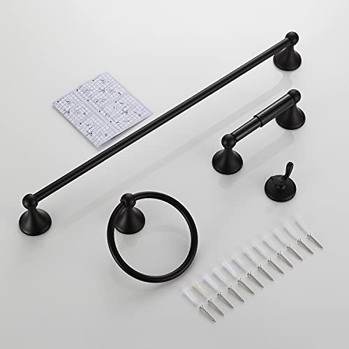 BGL Bathroom Hardware Set, Matte Black Adjustable Expandable Towel Bar 4-Piece Bathroom Accessory Set Wall Mounted Robe Hook Toilet Paper Holder Towel Ring Towel Bar