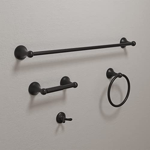 BGL Bathroom Hardware Set, Matte Black Adjustable Expandable Towel Bar 4-Piece Bathroom Accessory Set Wall Mounted Robe Hook Toilet Paper Holder Towel Ring Towel Bar