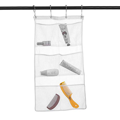 Tescogo Mesh Shower Caddy Curtains Organizer - Hanging Bathroom Shower Curtain Rod/Liner Hooks Accessories with 6 Pockets Save Space in Small Bathroom Tub 4 Rings