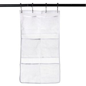 Tescogo Mesh Shower Caddy Curtains Organizer - Hanging Bathroom Shower Curtain Rod/Liner Hooks Accessories with 6 Pockets Save Space in Small Bathroom Tub 4 Rings