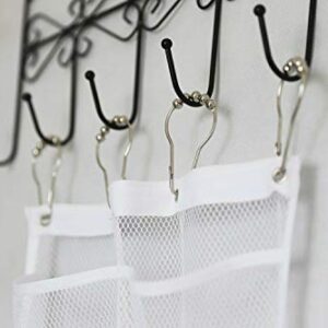 Tescogo Mesh Shower Caddy Curtains Organizer - Hanging Bathroom Shower Curtain Rod/Liner Hooks Accessories with 6 Pockets Save Space in Small Bathroom Tub 4 Rings