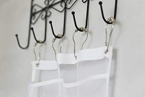 Tescogo Mesh Shower Caddy Curtains Organizer - Hanging Bathroom Shower Curtain Rod/Liner Hooks Accessories with 6 Pockets Save Space in Small Bathroom Tub 4 Rings