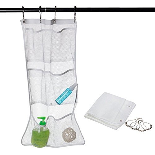 Tescogo Mesh Shower Caddy Curtains Organizer - Hanging Bathroom Shower Curtain Rod/Liner Hooks Accessories with 6 Pockets Save Space in Small Bathroom Tub 4 Rings