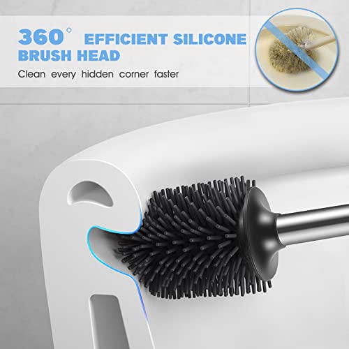 Toilet Bowl Brush Holder Set: Silicone Stainless Steel Deep Cleaning Toilet Cleaner Brush for Bathroom Restroom - Compact Modern Rv Toilet Scrubber Accessories with Caddy