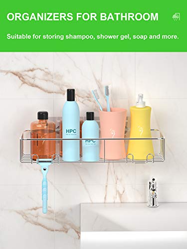 SMARTAKE 2-Pack Shower Caddy, Rustproof Bathroom Shelf Organizer with Hooks for Hanging Razor Sponge Brush, SUS304 Stainless Steel Wall Rack for Dorm, Toilet, Bath and Kitchen, Silver