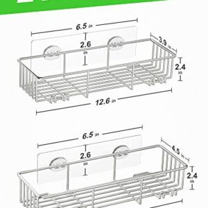 SMARTAKE 2-Pack Shower Caddy, Rustproof Bathroom Shelf Organizer with Hooks for Hanging Razor Sponge Brush, SUS304 Stainless Steel Wall Rack for Dorm, Toilet, Bath and Kitchen, Silver