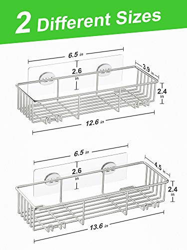 SMARTAKE 2-Pack Shower Caddy, Rustproof Bathroom Shelf Organizer with Hooks for Hanging Razor Sponge Brush, SUS304 Stainless Steel Wall Rack for Dorm, Toilet, Bath and Kitchen, Silver