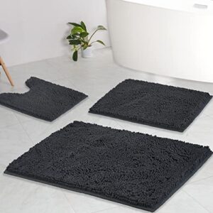 ainahyva bathroom rugs chenille bath mat 3 piece set, super absorbent, strong pvc non slip backing, bath mats for bathroom,plush shaggy,thick, machine washable,bathtub, shower, toilet, dark grey