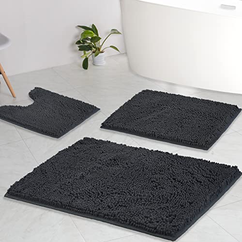 AINAHYVA Bathroom Rugs Chenille Bath mat 3 Piece Set, Super Absorbent, Strong PVC Non Slip Backing, Bath mats for Bathroom,Plush Shaggy,Thick, Machine Washable,Bathtub, Shower, Toilet, Dark Grey