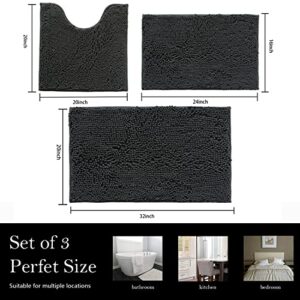 AINAHYVA Bathroom Rugs Chenille Bath mat 3 Piece Set, Super Absorbent, Strong PVC Non Slip Backing, Bath mats for Bathroom,Plush Shaggy,Thick, Machine Washable,Bathtub, Shower, Toilet, Dark Grey