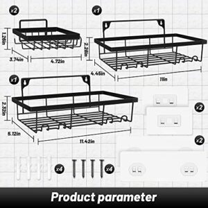 AJIJING 4 Pack Shower Caddy, Stainless Steel Black Shower Organizer Shelves with 8 Hooks and Soap Holder Adhesive Drilling Wall Mounted Bathroom Shower Storage Shelf for Inside Shower Toilet Kitchen Living Room