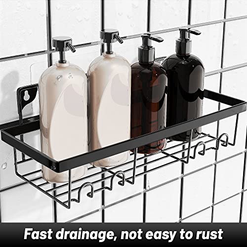 AJIJING 4 Pack Shower Caddy, Stainless Steel Black Shower Organizer Shelves with 8 Hooks and Soap Holder Adhesive Drilling Wall Mounted Bathroom Shower Storage Shelf for Inside Shower Toilet Kitchen Living Room