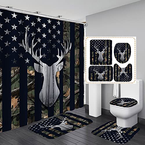 OLEBETY 4PCS/Set Camo Shower Curtain, Man Cave White Black American Flag Woodland Elk Moose Bear Wildlife Animal Hunting Rustic Cabin Bathroom Decor Non-slip Bath Rugs Gifts for Men Hunters, Deer Head