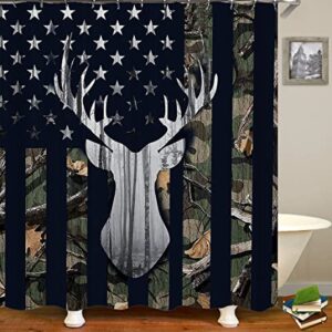 OLEBETY 4PCS/Set Camo Shower Curtain, Man Cave White Black American Flag Woodland Elk Moose Bear Wildlife Animal Hunting Rustic Cabin Bathroom Decor Non-slip Bath Rugs Gifts for Men Hunters, Deer Head